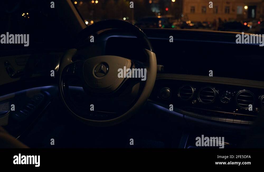 Mercedes-Benz Maybach Car Interior Lighting at Night. Steering Wheel ...