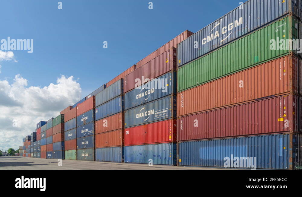 Time lapse of stack of container cargo ship in the export and import ...