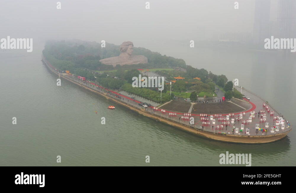 changsha riverside island monument crowded park aerial panorama 4k ...