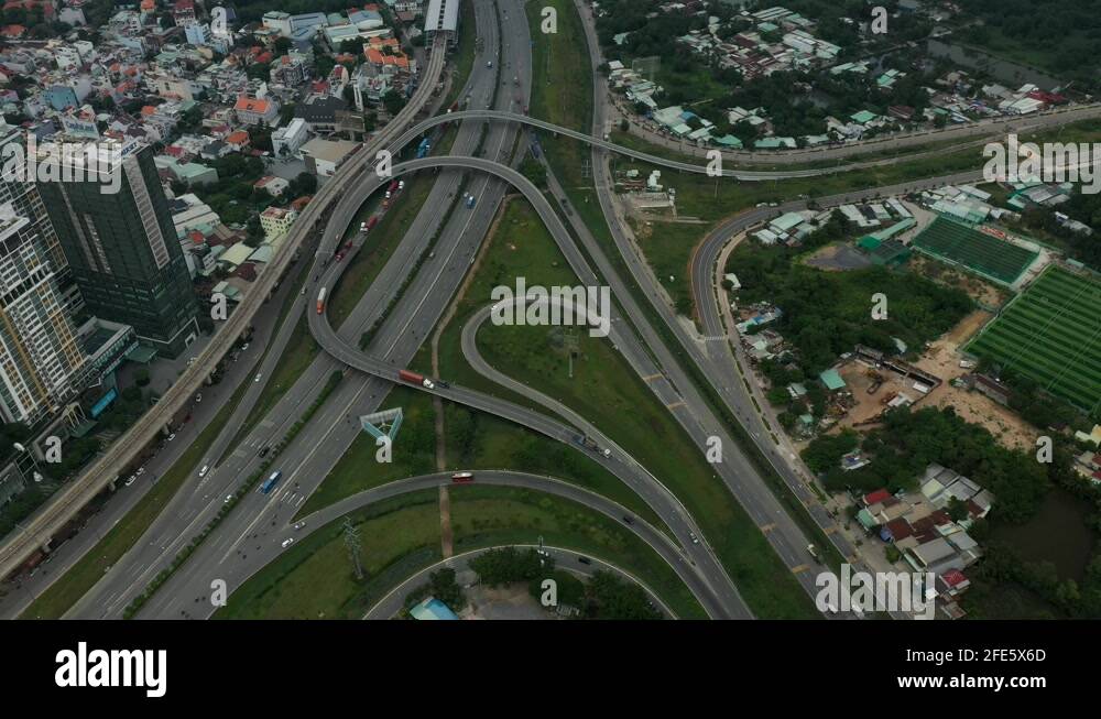 Top down aerial view of freeway interchange with interesting looped ...