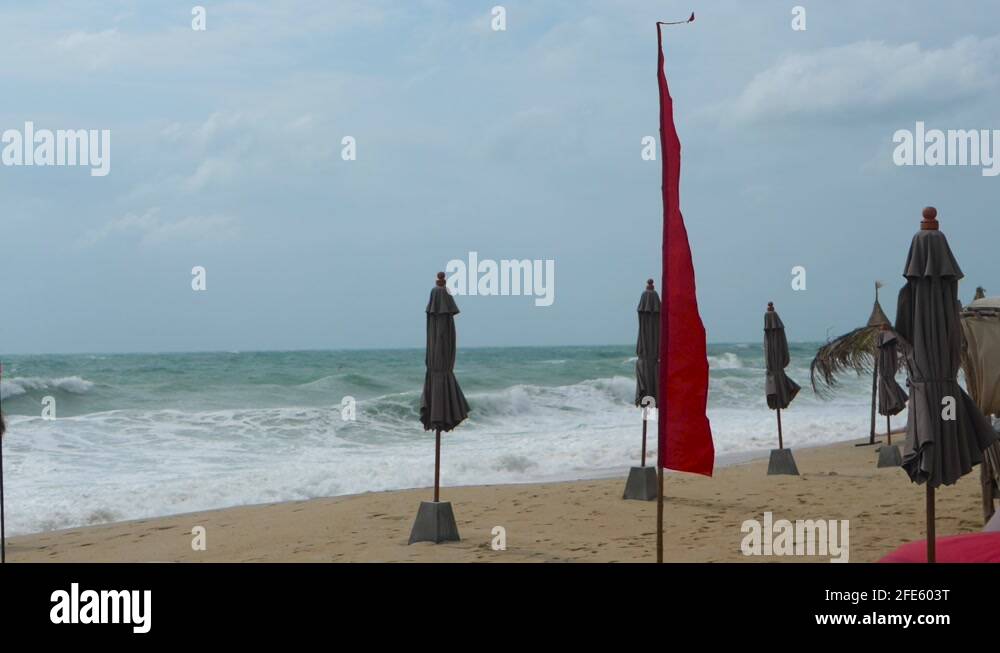 Storm on the beach, red flags are waving in the wind, against the ...