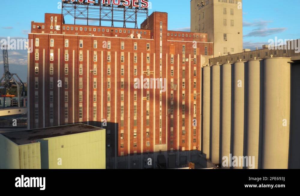 Droneing up in front of the Farine Five Roses building revealing the ...