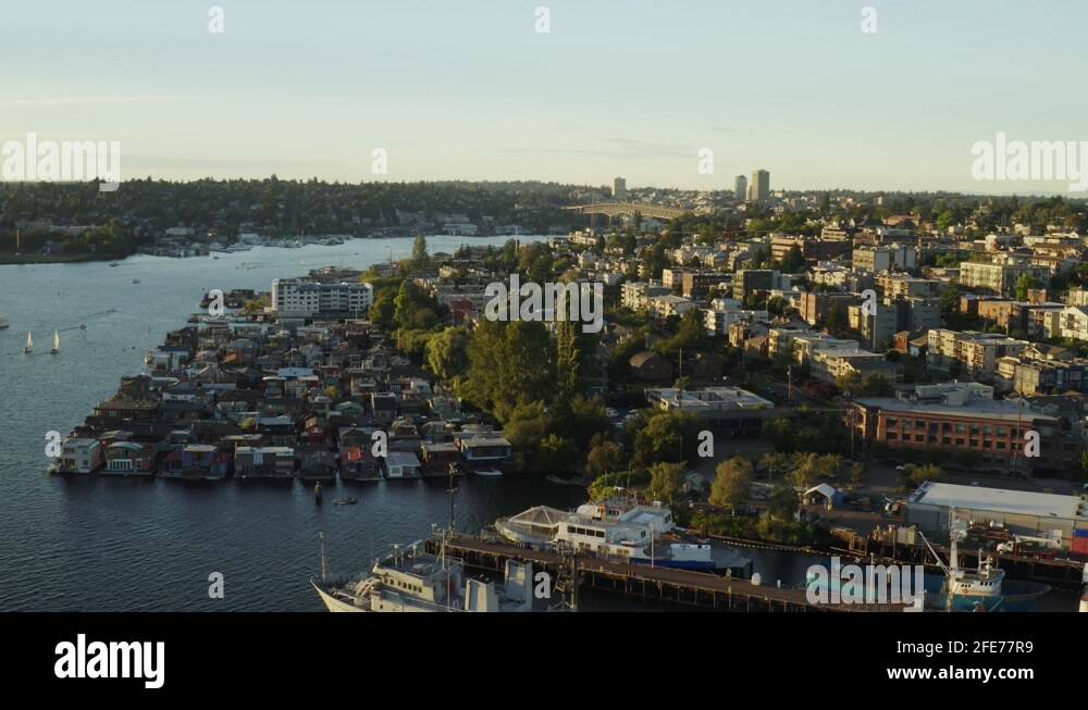 Aerial of Lake Union Dock with floating homes outside of Seattle ...