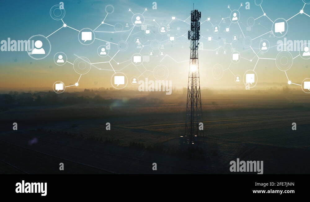 5G telecom antenna tower repeater spreading fast digital data Stock ...