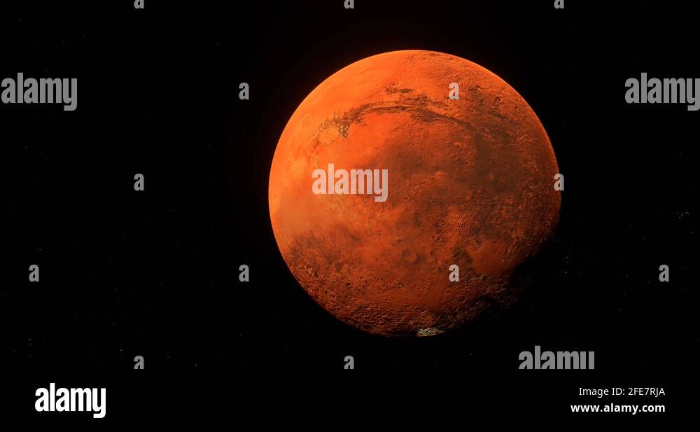 Spinning red textured barren desert mars planet in dark outer space ...