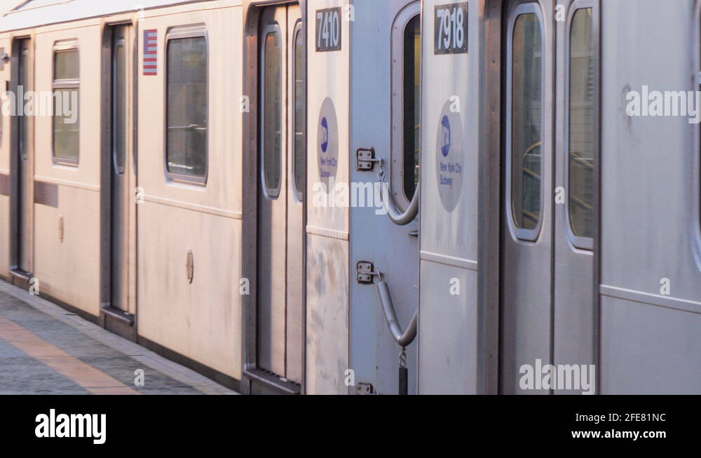 New York City MTA Subway train arriving at station platform Stock Video ...