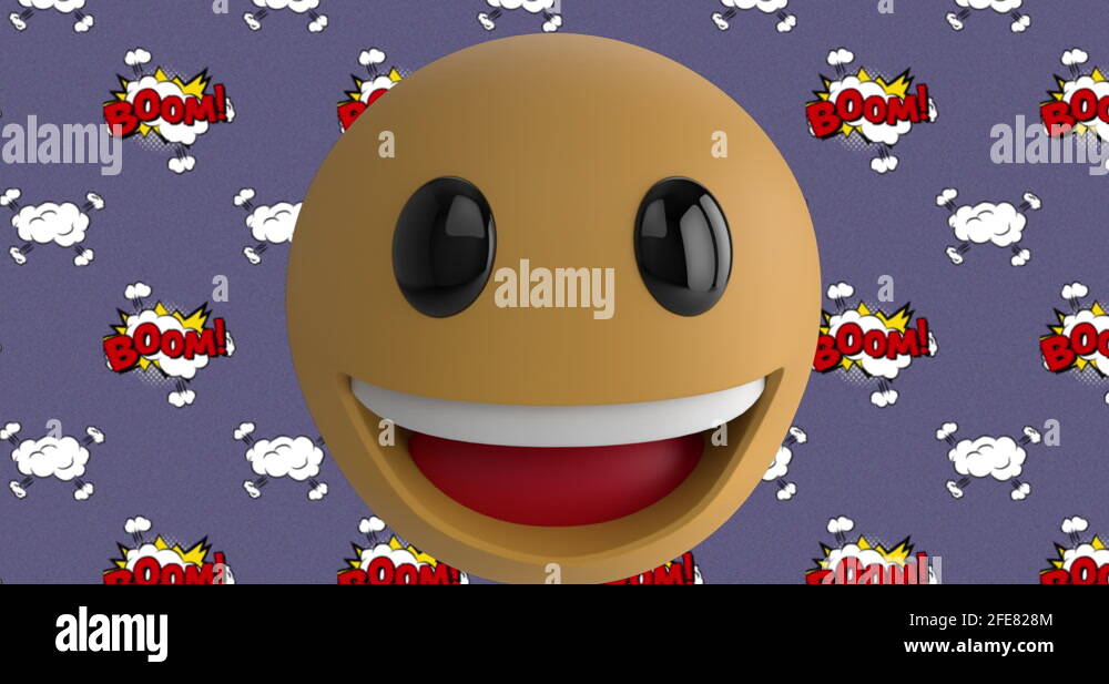 Smiley face emoji over boom text on speech bubbles against purple ...