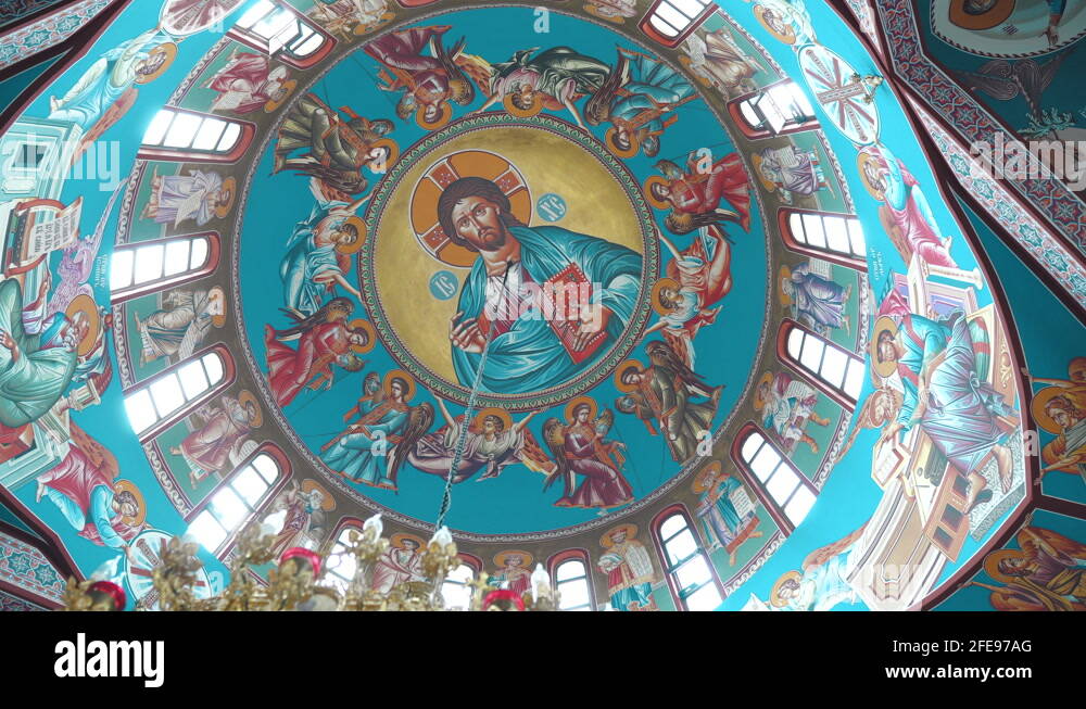 Mural of Jesus Christ on the inside of the dome of an Orthodox church ...