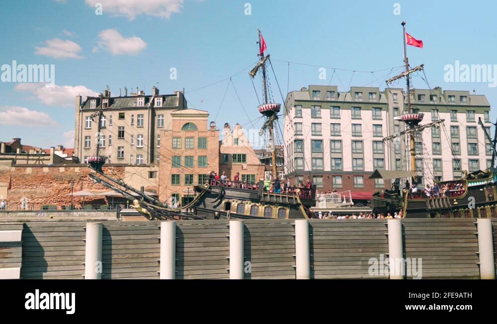 Fully loaded pirate ship drives through drawn up bridge Stock Video ...