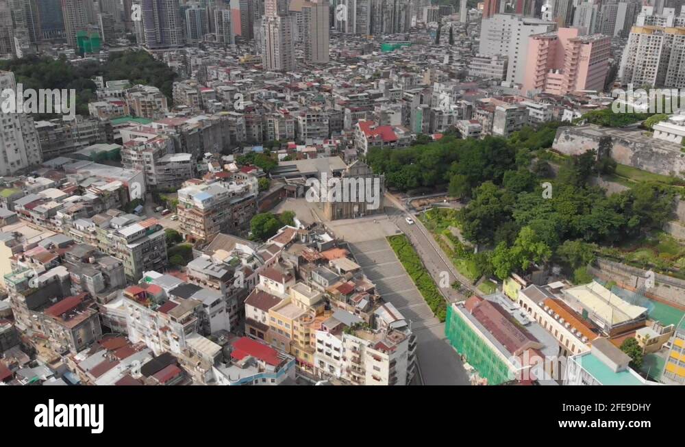 High aerial view of Ruins of Saint Paul's and Monte do Forte, Macau ...