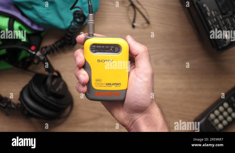 80s 90s Holding a Sony Walkman Radio Top View of a Retro Desk Stock ...