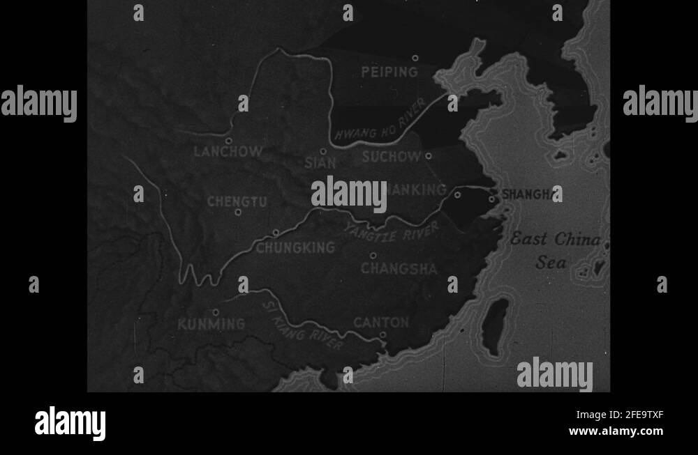 1940s: Map of China. Chungking is highlighted. Boat in harbor. Chiang ...