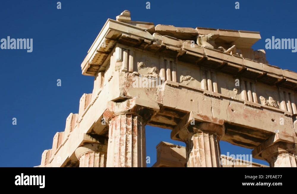 The Parthenon building in Acropolis of Athens.Detail of the metopes ...