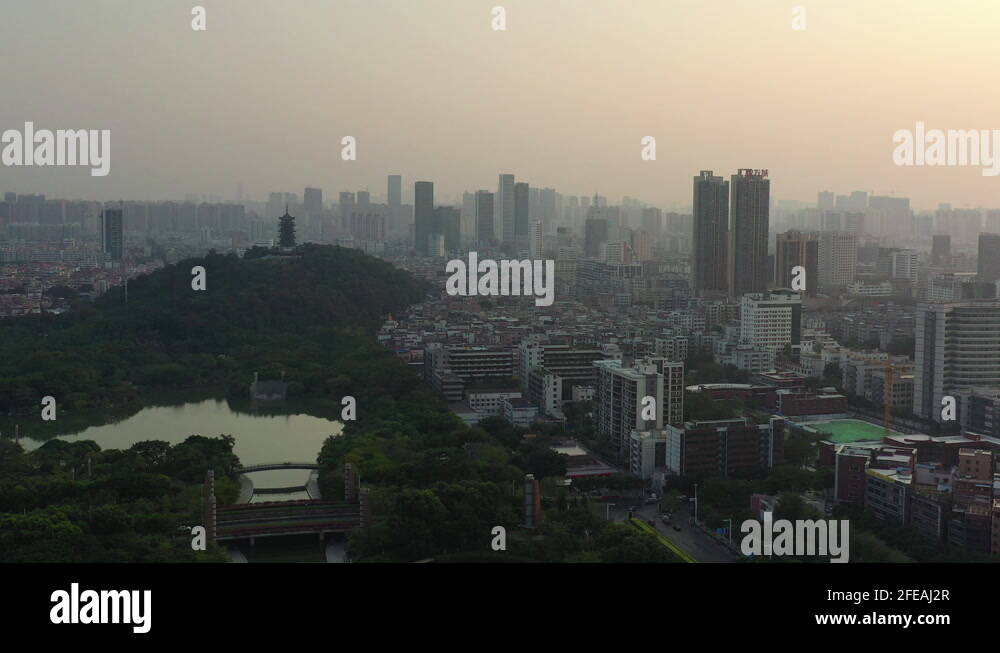 twilight time foshan city downtown famous park lake aerial panorama 4k ...