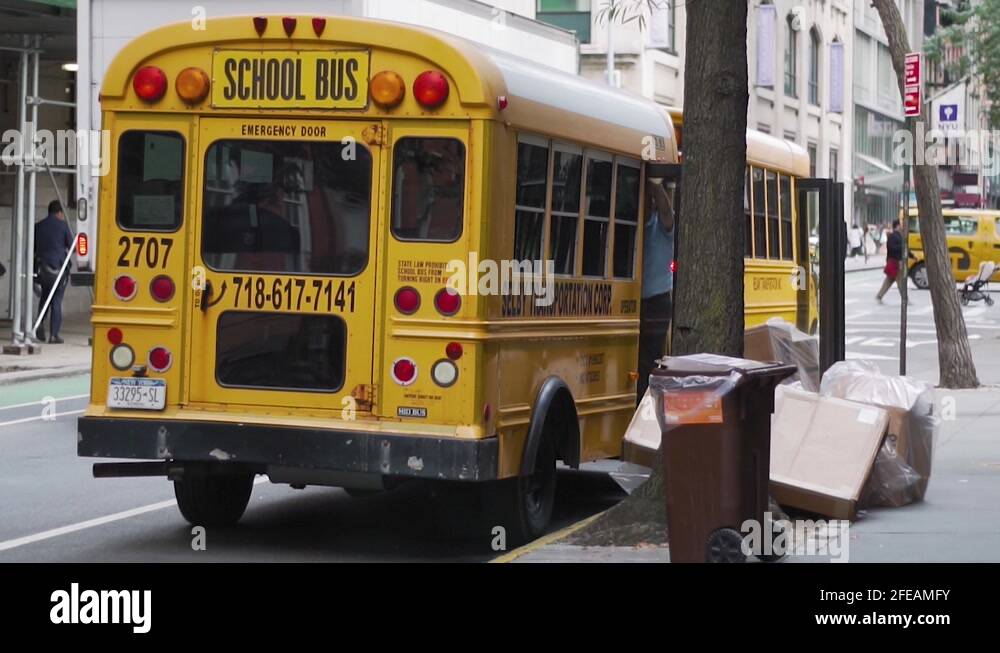 Midtown Manhattan, New York City, School Bus at Station Full of Garbage ...