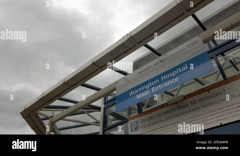 Warrington Hospital front facade NHS entrance pan right UK British ...