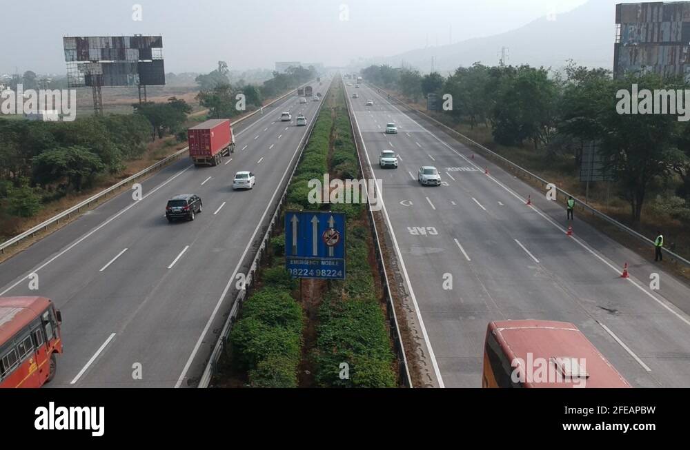 Multi-Lane Highway traffic of bus, cars & truck on Pune Mumbai ...