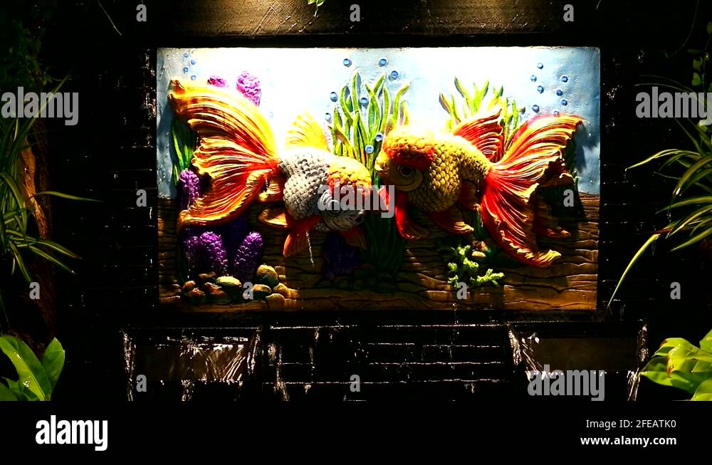 High relief, goldfish was decorated with waterfalls in the night garden ...