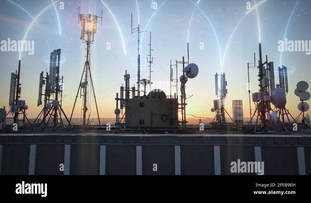 5G rooftop base station covered with telecom tower antenna with ...