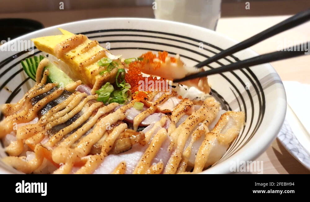 Japanese aburi mentai kaisen don. Pollock Roe with mayonnaise and Stock ...