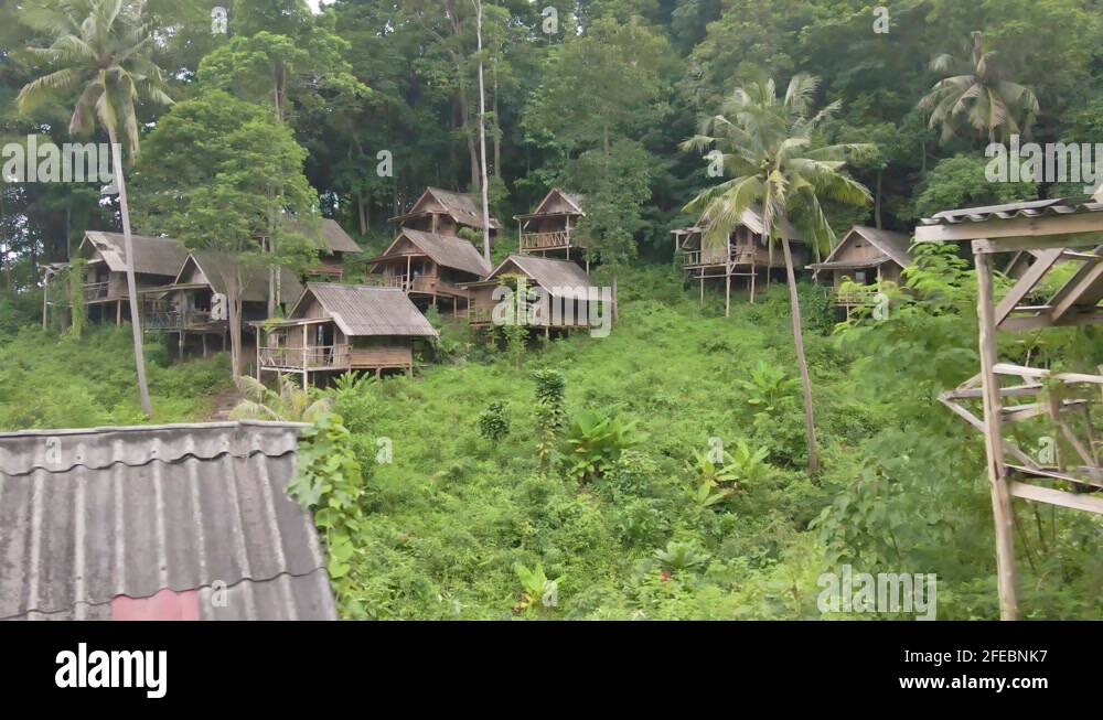 Sliding aerial view of empty wooden huts in a rainforest Stock Video ...
