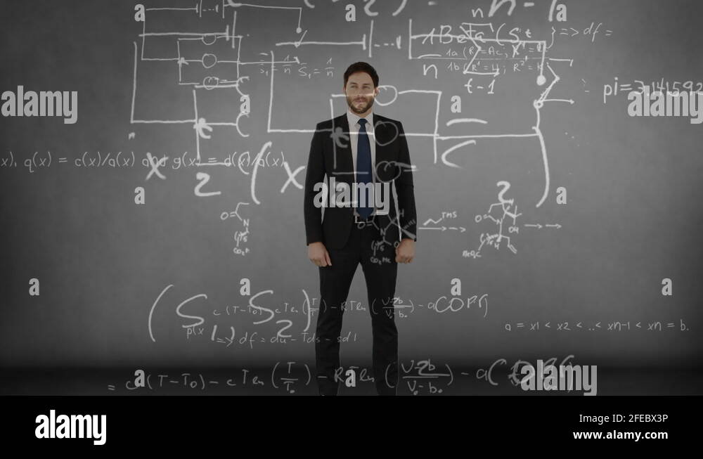 Man in suit standing proudly over mathematical equations Stock Video ...