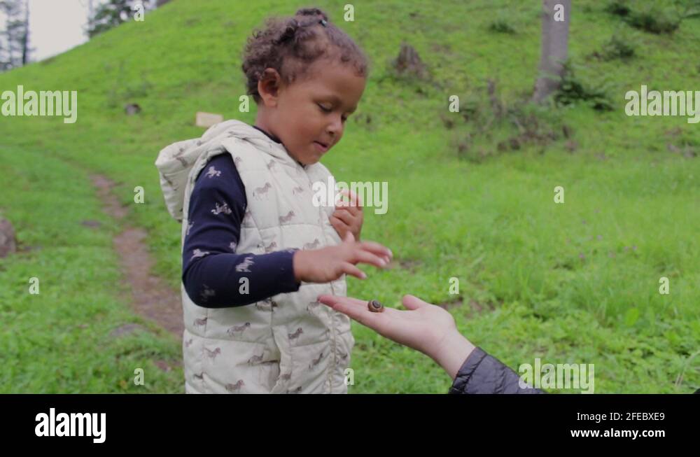 Overwhelmed little black girl touching a snail for the first time Stock ...