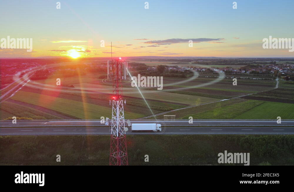 Communication Tower Antenna Sending Animated Digital Signal To ...