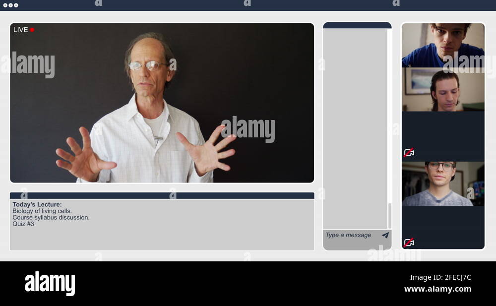 A college professor teaching remote learning online classes to school ...