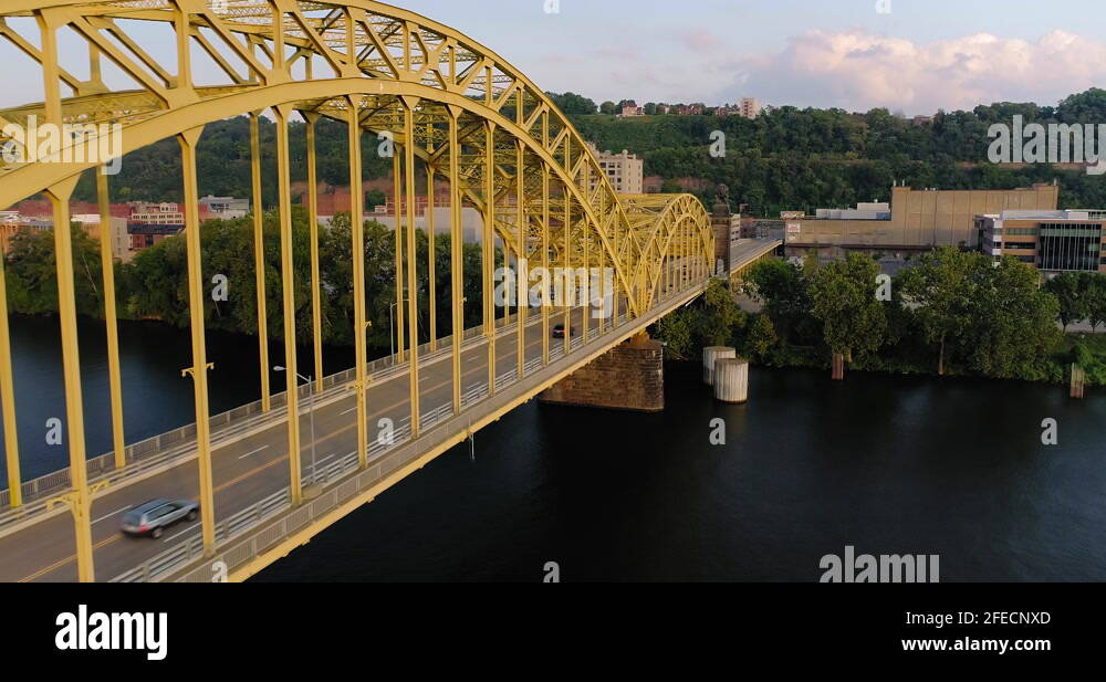 Drone footage revealing a steel truss bridge in Pittsburgh that crosses ...