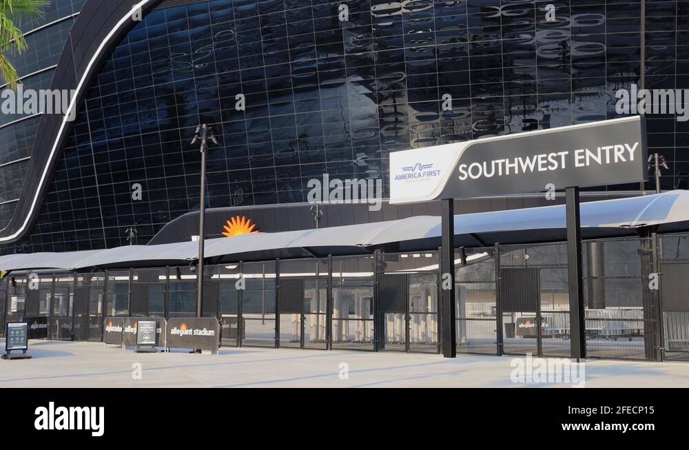 Sunny exterior view of the Southwest Entry of Allegiant Stadium Stock ...