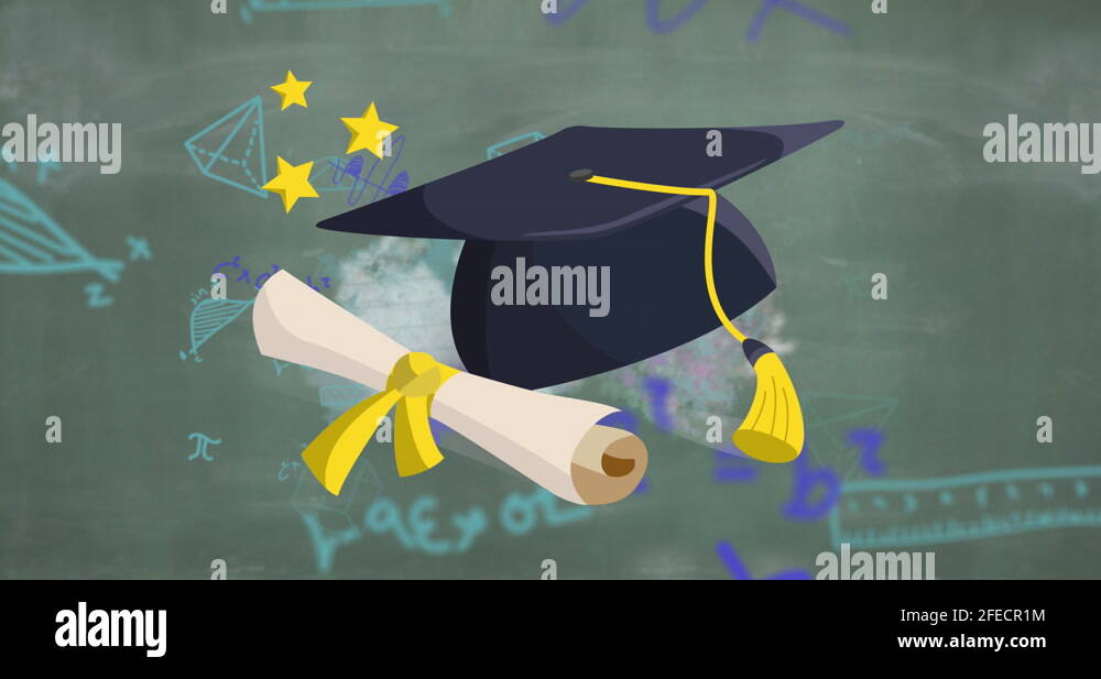 Graduation hat and diploma icon against mathematical diagrams and ...