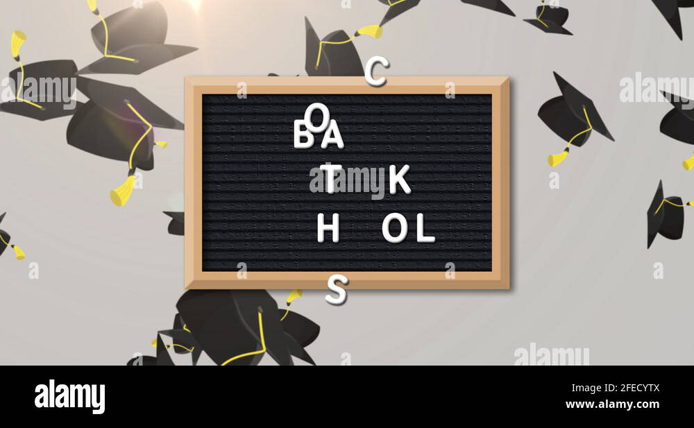 Back To School text over multiple graduation caps falling against white ...