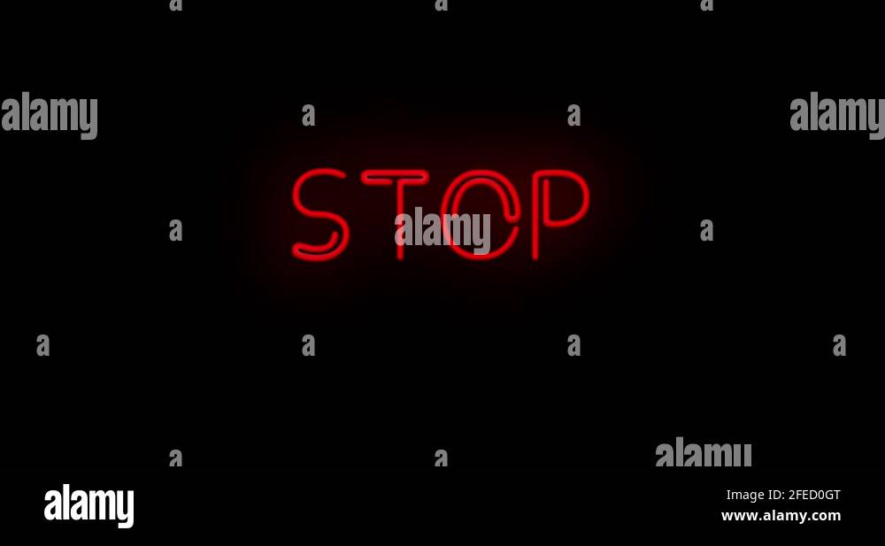 Flashing STOP electric Red neon sign flashing on and off with flicker ...