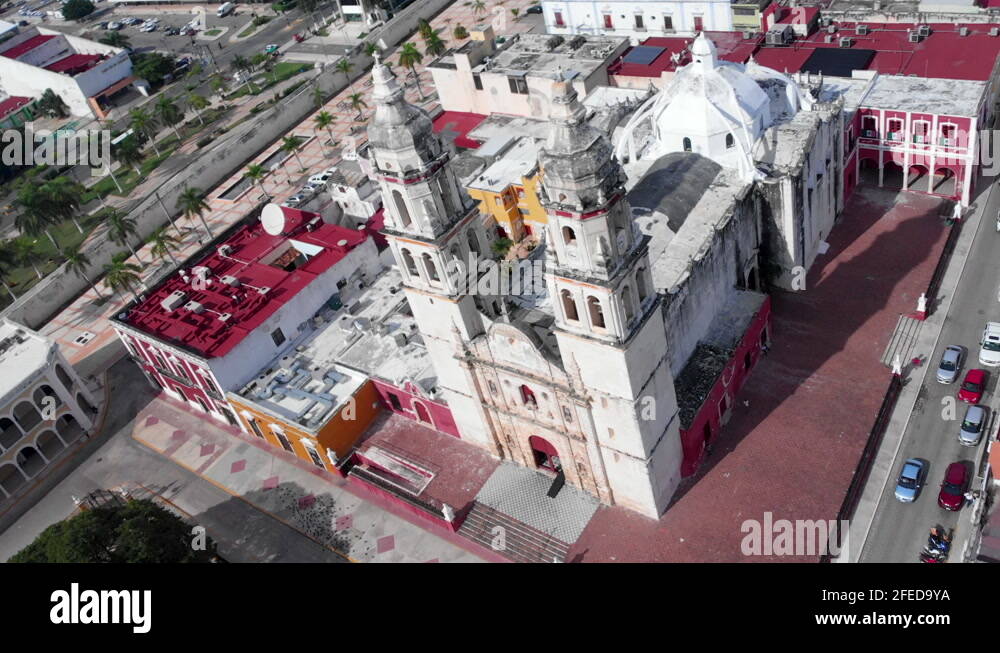 Campeche cathedral catedral Nuestra señora de la purísima orbit drone Stock Video Footage - Alamy
