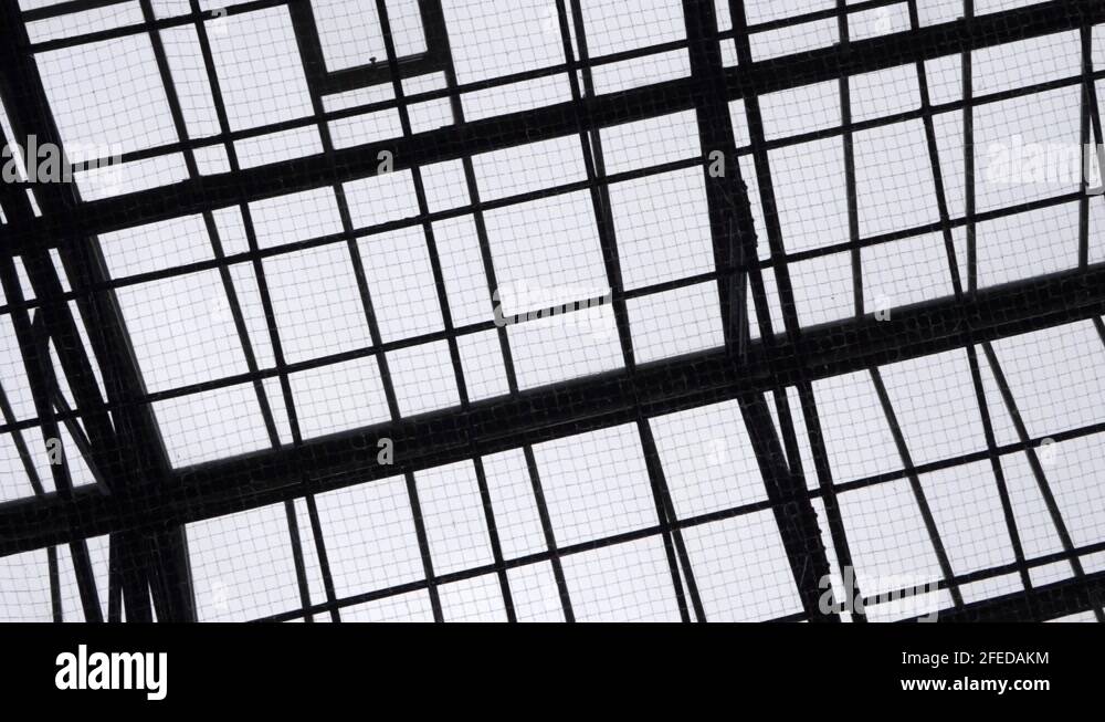 Looking up at geometric style glass ceiling panning shot Stock Video ...
