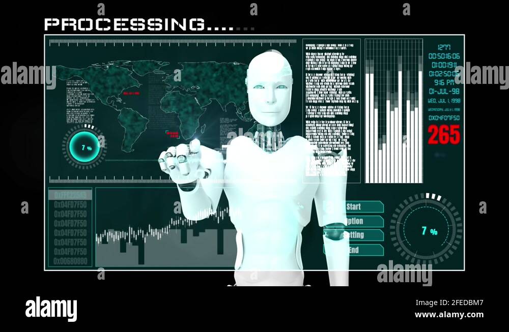 Futuristic robot, artificial intelligence CGI big data analytics and ...