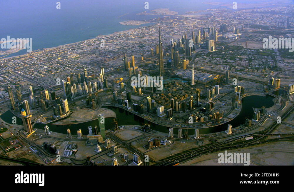 A stunning extreme long shot of the Dubai Skyline from above Downtown ...