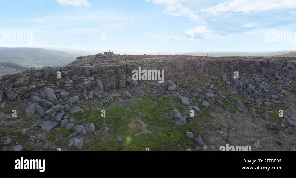 Stanage edge, famous rock climbing spot, Yorkshire, aerial reveal Stock ...