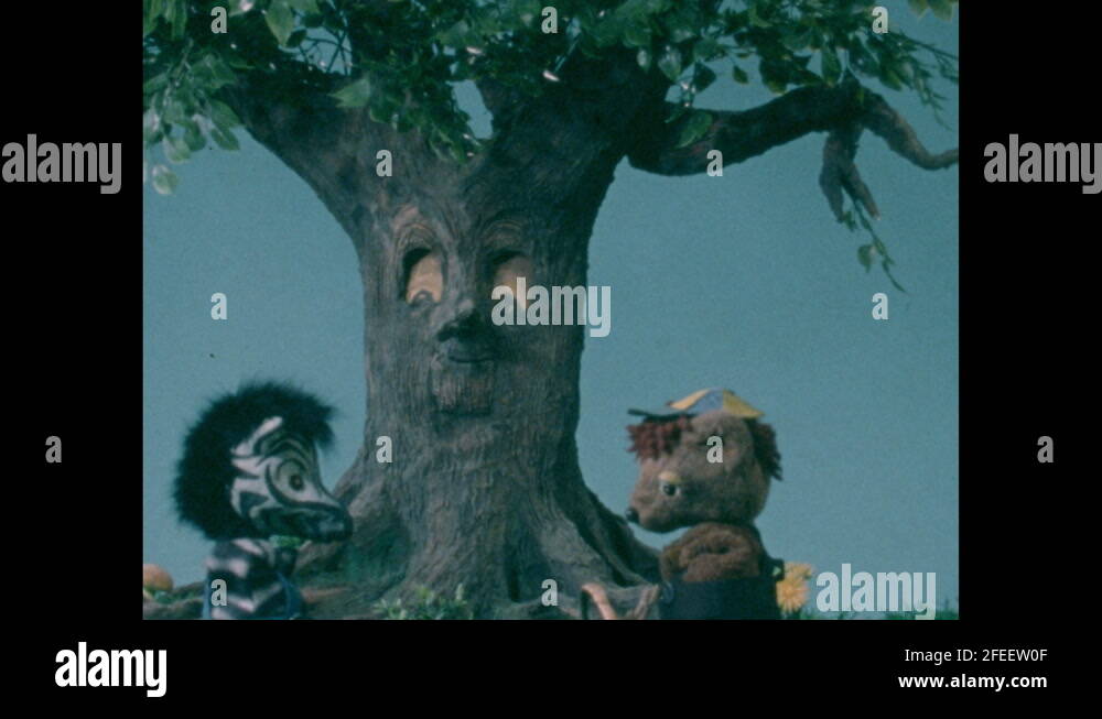1970s: Puppet theater, tree with smiling face talks. Bear, zebra ...