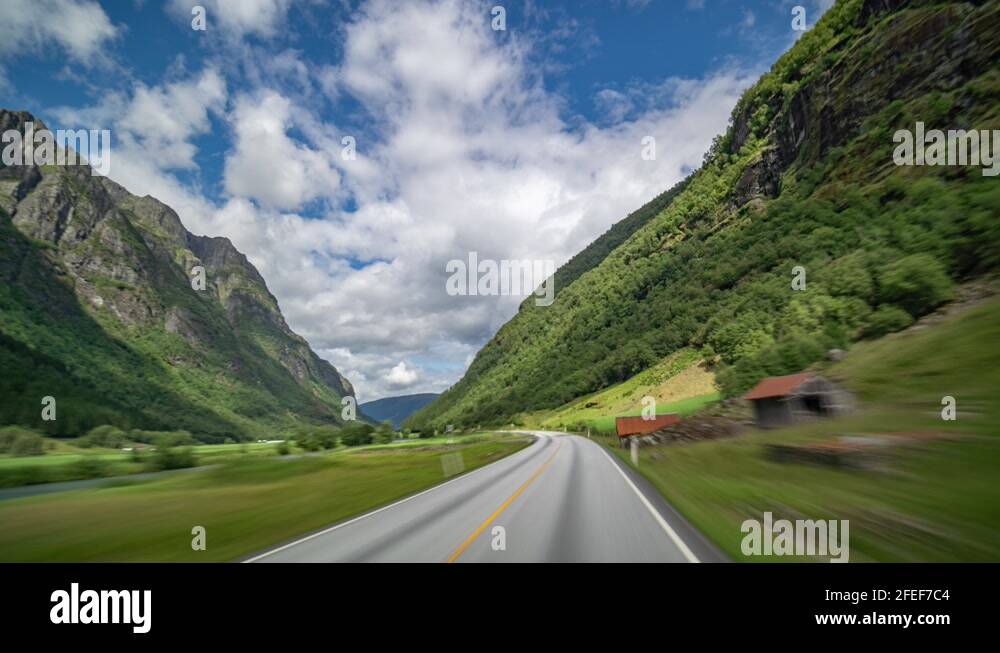 A drive on the E39 freeway in Norway near Byrkjelo. The Road is running ...