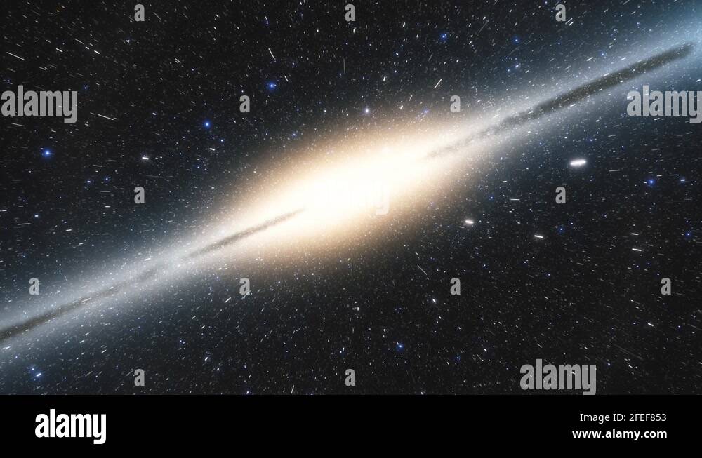 Spaceship flies at the speed of light through a galaxy in space ...