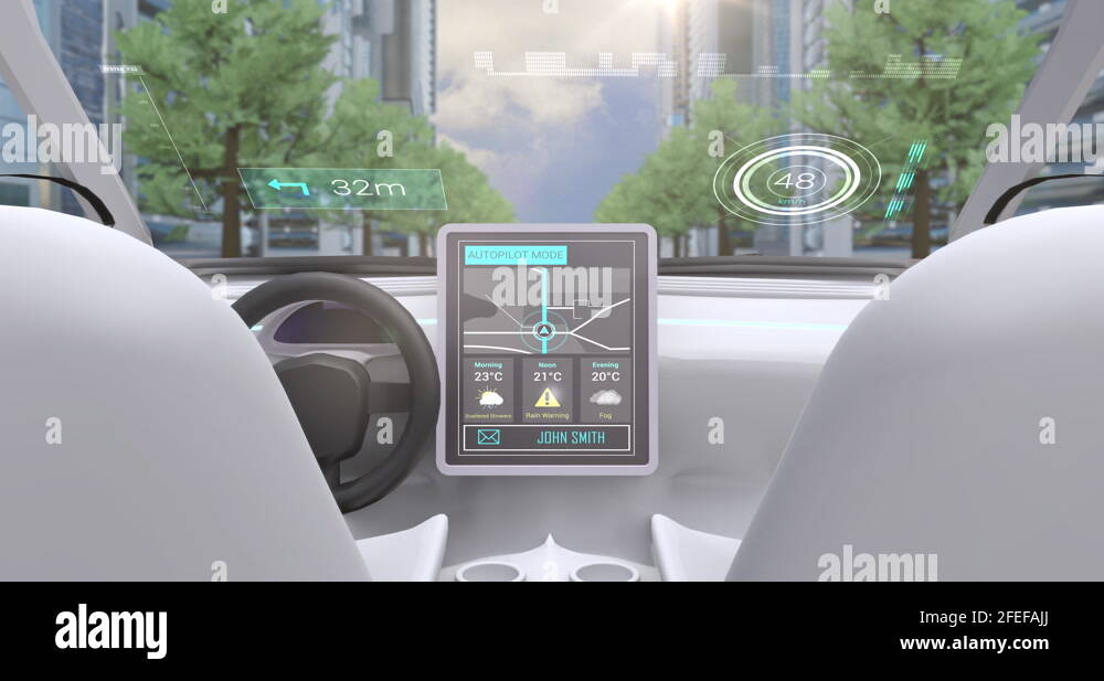 Video game simulation screen showing car cockpit driving through city ...