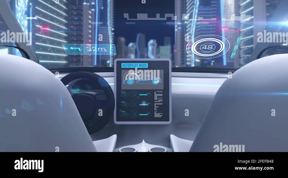 Video game simulation screen showing car cockpit driving through city ...