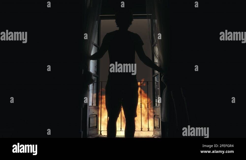 Man Opens Window Watching Fire Burning House Stock Video Footage - Alamy