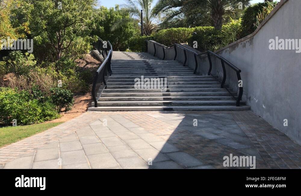 Outdoor step up brick stairs with black railings and trees as ...