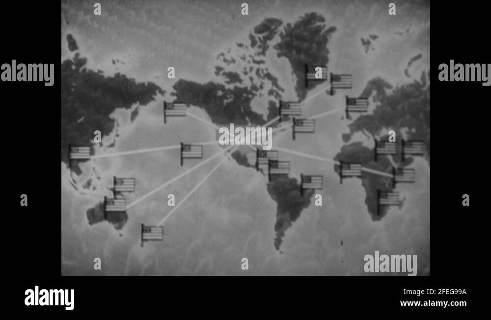 1940s: Soldiers marching. Map of the world with labels on it. Globe of ...