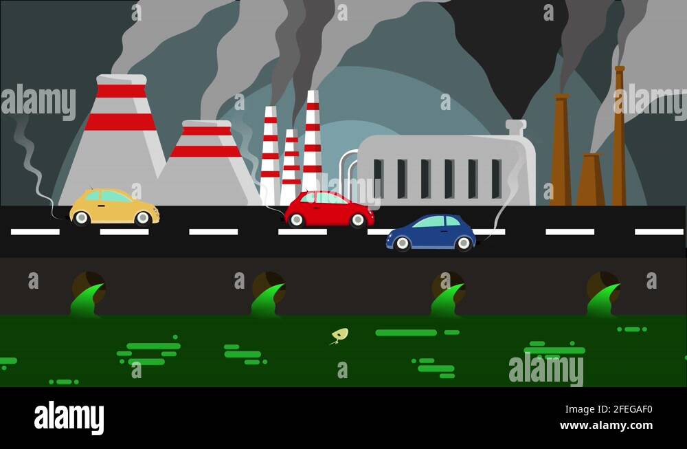 4K animation of a polluted city, full of manufacturing fabrics, and ...