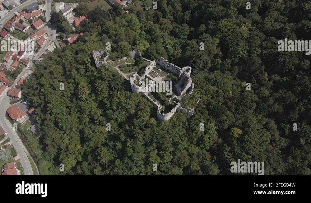 bird eye view for the ruins of Samobor Castle atop of Tepec hill in ...