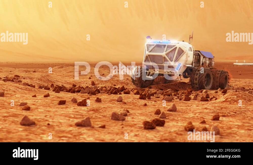 The cargo rover is moving on the surface of Mars. Starship in the ...